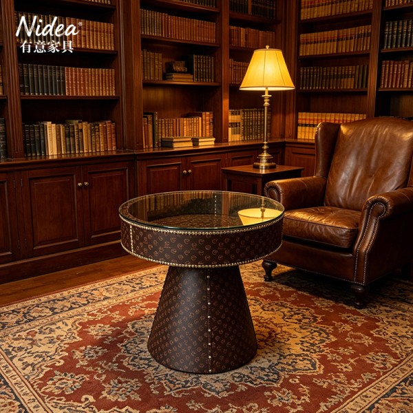 Quality Luxury Monogram Leather Round Side Table Vintage Nailhead Accent End Table with Glass Top Designer Style Pedestal Coffee Table for sale
