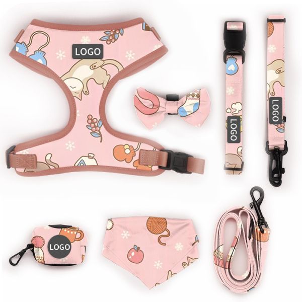 Quality Polyester Leopard Print Pet Harness Sets Logo Adjustable Collar Leash Mesh Dog for sale