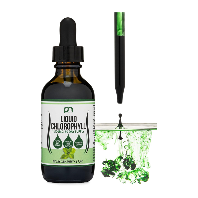 Close-up of Liquid Chlorophyll Supplement showing its rich green color