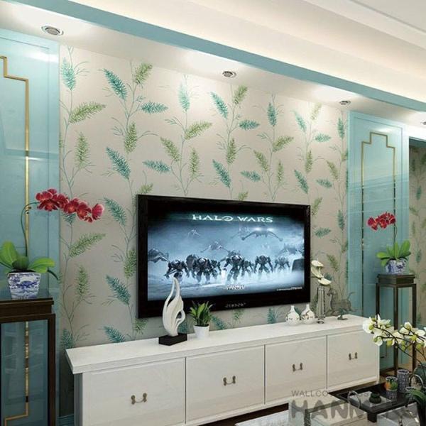 Quality Natural Green Plants Pattern Suede Wallpaper Fashion Wallcovering Distributors for sale