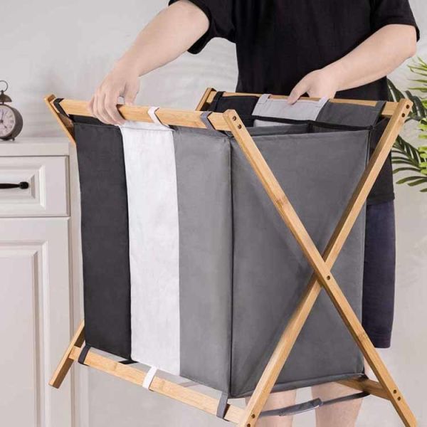 Quality Breathable Moistureproof 3 Bin Laundry Hamper Bamboo Frame Washable Lightweight for sale