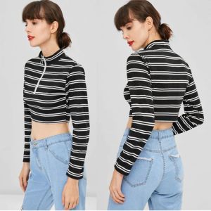 Quality Trendy Women Clothing Stripe Long Sleeve O Ring Zip Crop Tee Top for sale