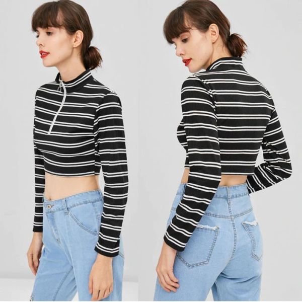 Quality Trendy Women Clothing Stripe Long Sleeve O Ring Zip Crop Tee Top for sale