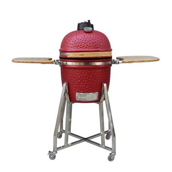 Quality Stainless Steel Ceramic 15 Inch Kamado Grill Red Color 39cm With Cart And Side Tables for sale