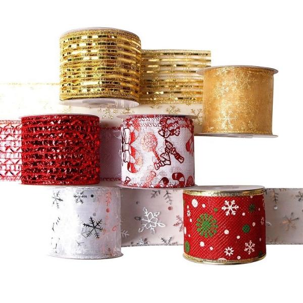 Quality Christmas Iron Wire Decoration Ribbon in 63mm Size with Wired Burlap Design for sale