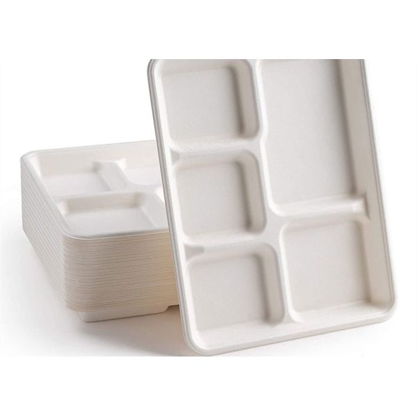 Quality School Disposable Biodegradable Bagasse Tableware 6 5 3 Compartment Lunch Tray for sale