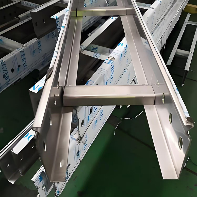 Close-up view of ladder cable tray's galvanized steel construction