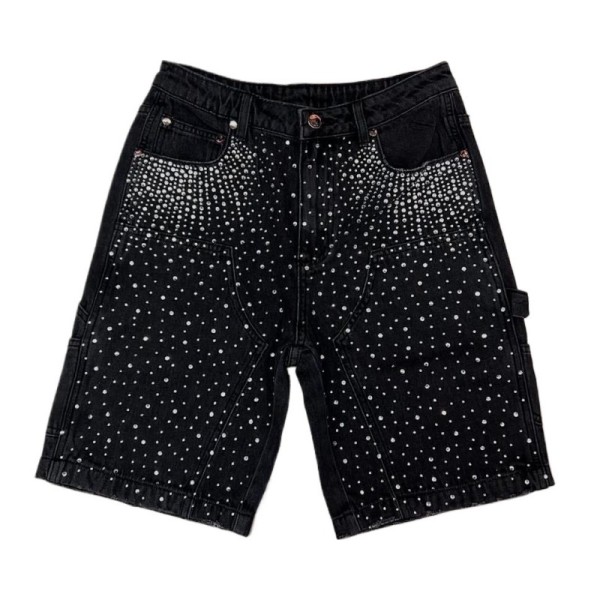 Quality Clothing Manufacturers Custom Y2k Streetwear Acid Wash Rhinestone Shorts Double Knee Distressed Denim Jeans Jorts Shorts for Men for sale