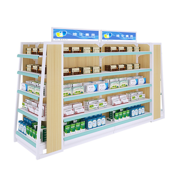 Quality Drugstore L2000mm H1200mm Metal And Wood Shelf Unit Double Sided for sale