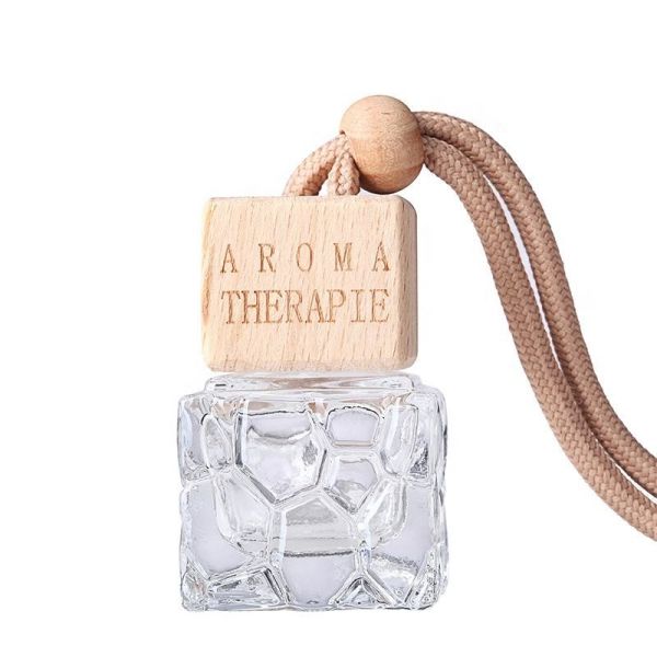 Quality 7ml Square Honeycomb Glass Hanging Car Air Freshener Bottle With Wood Lid Brown Rope for sale