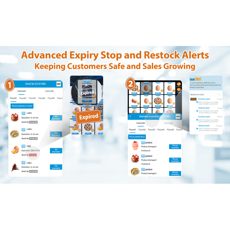 WEIMI cake vending machine with smart management system, featuring automated expiration and freshness control, real-time inventory tracking, and instant restock alerts to ensure safe, fresh cakes are always available.