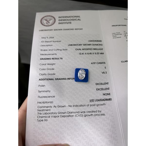 Quality 4.07 Carat VS2 E CVD Lab Created Diamonds Oval Cut OEM ODM for sale