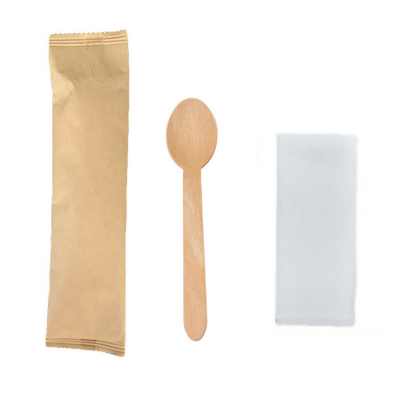 Quality Eco Friendly Compostable Disposable Wooden Utensils Spoon 6 Inch with Napkin for sale