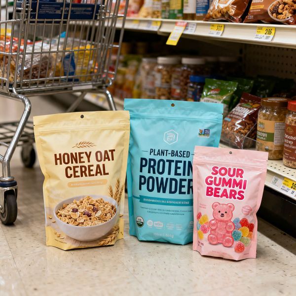 Quality Pad Printing Customized Logo Reclosable Zipper Stand Up Pouch Smell Proof Plastic Bag for Gummy Bear Protein Powder Cereal Dry Food for sale