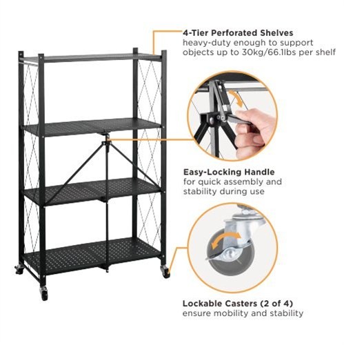Quality Black 4 Layer Folding Mobile Steel Shelving Unit Paint Spraying for sale