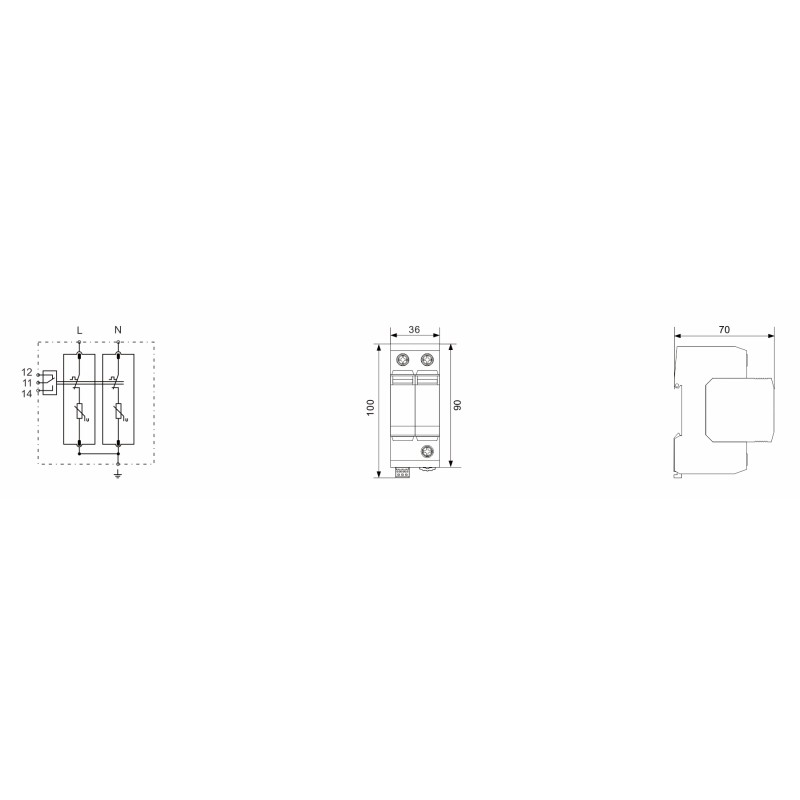 Pluggable 40kA 2P Type 2 Surge Protection Device dimensions diagram