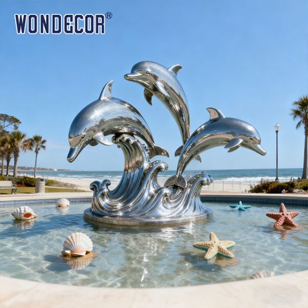 Quality Large-Scale Metal Animal (Dolphin) Stainless Steel Sculpture for Outdoor Pool Fountain for sale