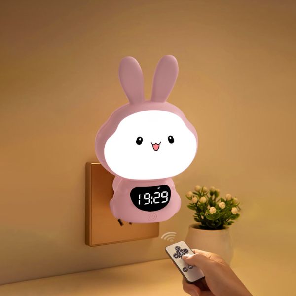 Quality Cute Bunny Plug In Night Light With Clock Rotatable Sleep Trainer Remote Control for sale