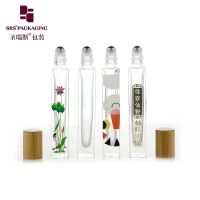 Quality 10ml High End Empty Square Glass Roll On Bottle with Bamboo Wooden Cap and 3D for sale