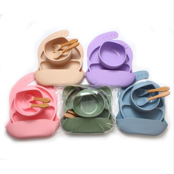 Quality None Design Style Silicone Tableware for Baby 5pcs BPA Free Feeding Set Spoon Bowl for sale