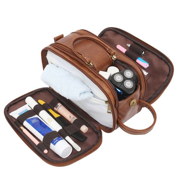 Quality Bathroom Men PU Leather Toiletry Wash Bag Travel Shaving Dopp Kit Water Resistant for sale
