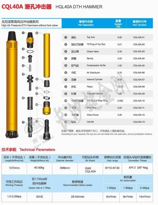 High Air Pressure DTH Hammers Without Foot Valve for Mining Qi40 From China Supplier