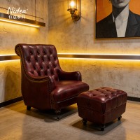 Quality Luxury Wine Red Leather Chesterfield High Back Armchair with Ottoman Set Classic for sale