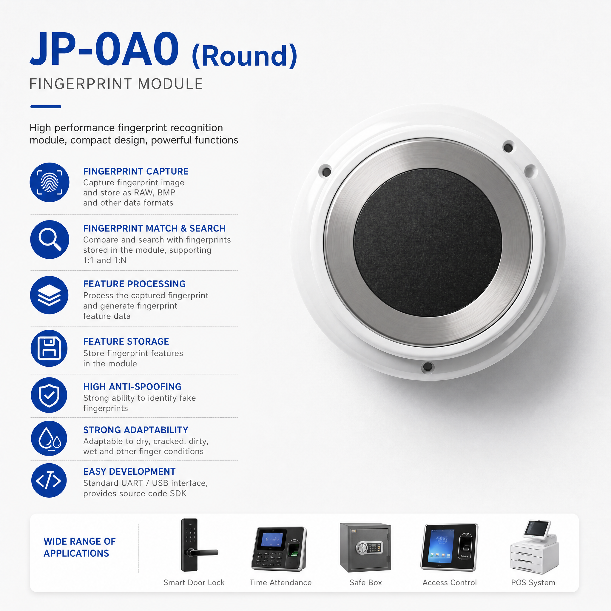 Quality JP-0A02 Press Type Capacitive Fingerprint Sensor Module 192×192 Pixel 508DPI USB for sale