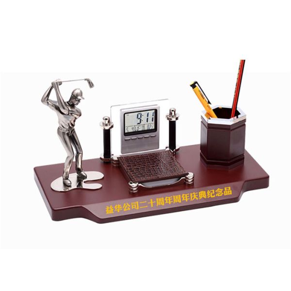 Quality Wooded Base Golf Trophy Cup Multi Functional With Pen Container & Clock for sale