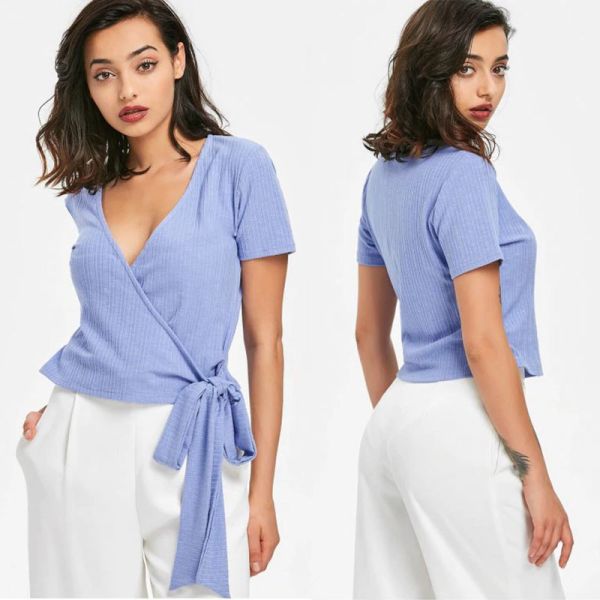 Quality New Fashion Fitness Clothing Women Wrap Ribbed Top for sale