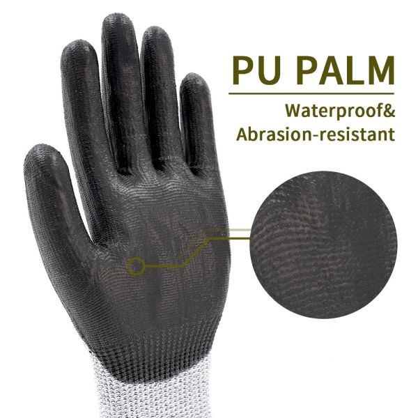 Quality 13 Gauge Polyester Polyurethane Palm Coated Gloves ANSI Level 5 Cut Resistant for sale