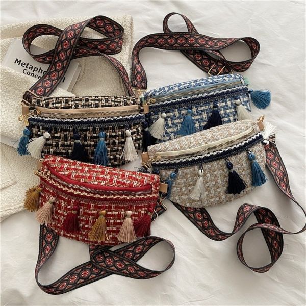 Quality Tassel Decor Adjustable Strap Waist Bags Plaid Pattern Waterproof Cycling Bum for sale