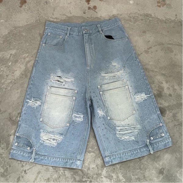 Quality Manufacturer High Quality Rhinestone Cropped Baggy Streetwear Shorts Custom Acid Wash Jorts Designer Denim Jeans Pants Shorts for sale