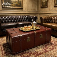Quality Luxury Handmade Burgundy Leather Steamer Trunk Coffee Table Large Storage Chest for sale
