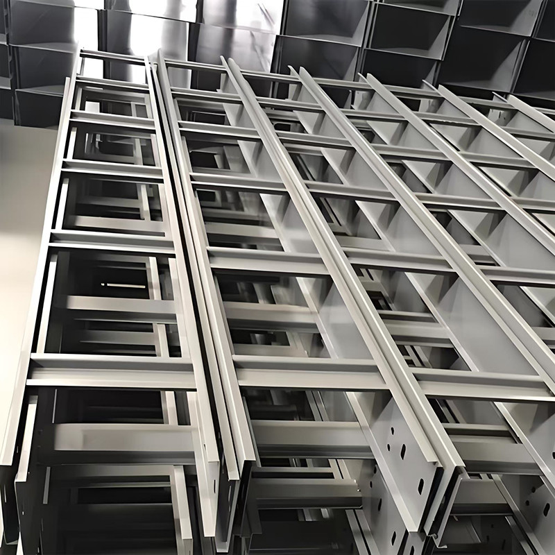 Close-up view of galvanized ladder cable tray construction